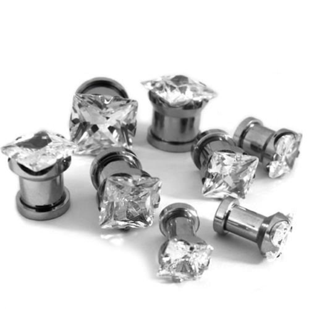 Square Cz Prong Set 12G (2MM) on 316l Surgical Steel Screw-fit Plugs ...