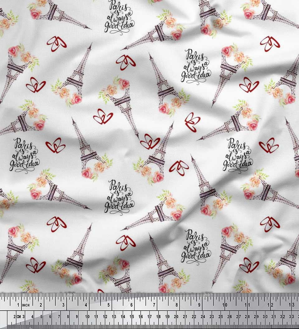 Soimoi Velvet Fabric Text,Floral & Eiffel Tower Architectural Print ...