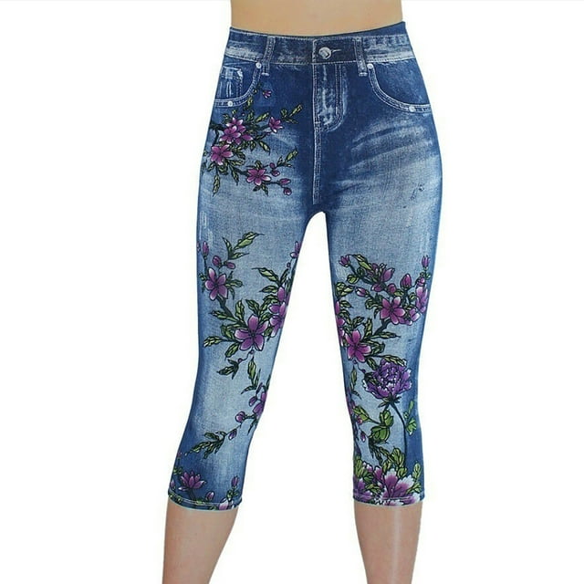 Snoarin Plus Size Womens Capri Pants For Summer Imitation Denim Printed