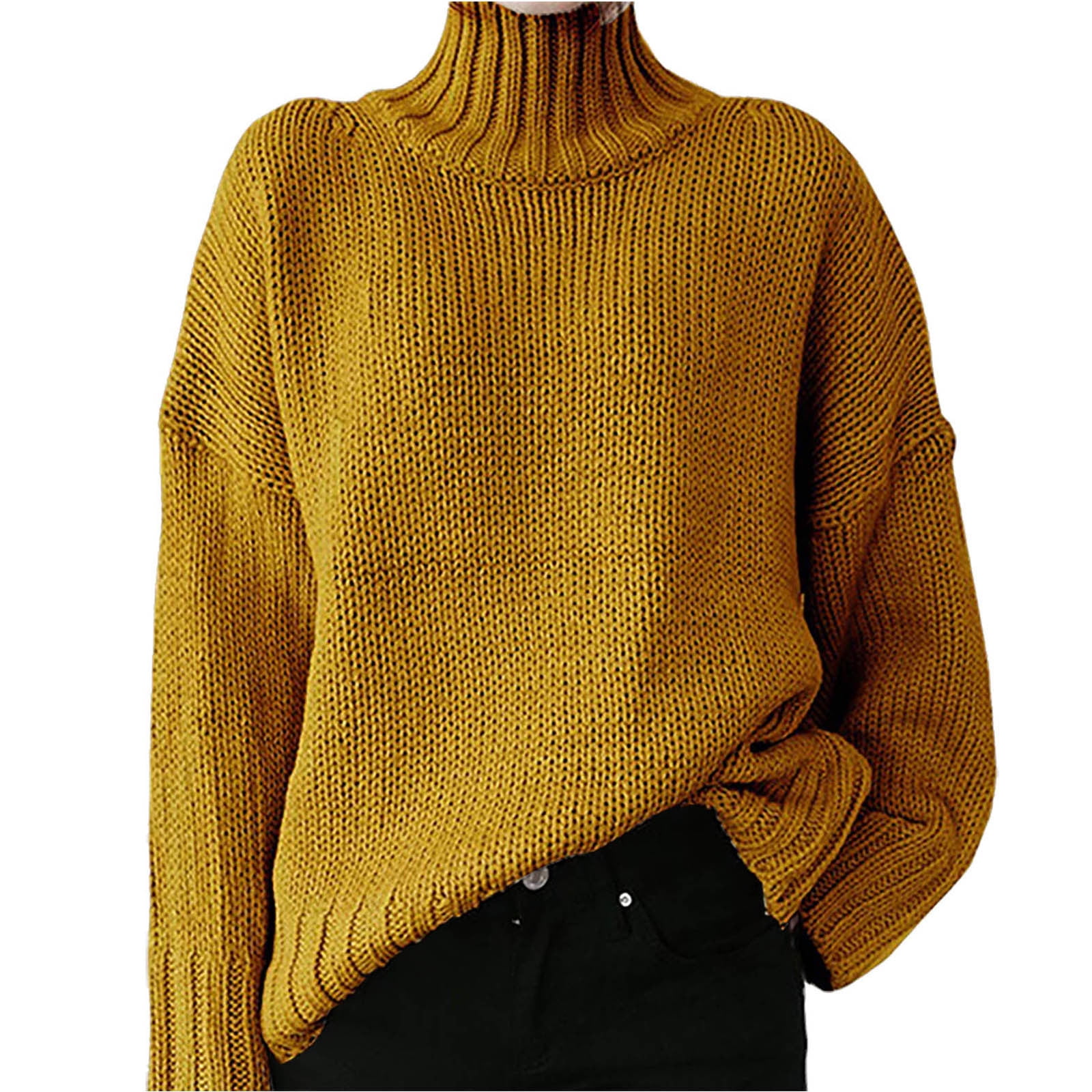 Guzom Womens Knitted Fall and Winter Turtleneck Sweaters Yellow Size ...