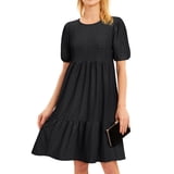 HUBERY Women Crew Neck Short Puff Sleeve Ruffled Keyhole Back Midi ...