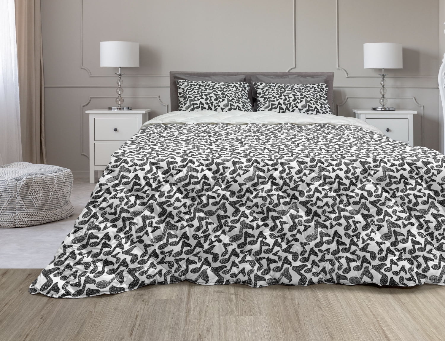 Modern Comforter & Sham Bedding Set, Music Notes in Sketch Style Doodle ...