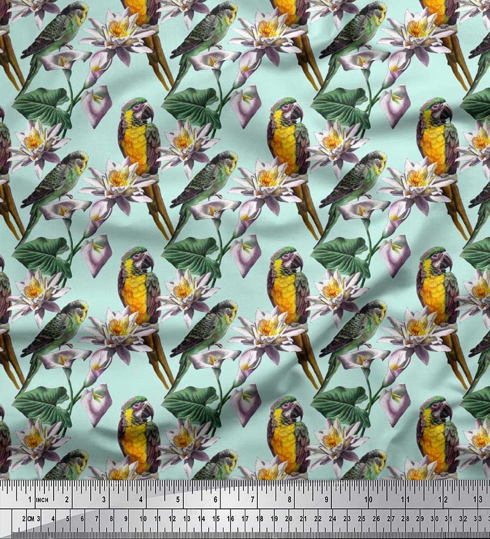 Soimoi Velvet Fabric Macaw Parrot,Leaves & Waterlily Floral Print ...