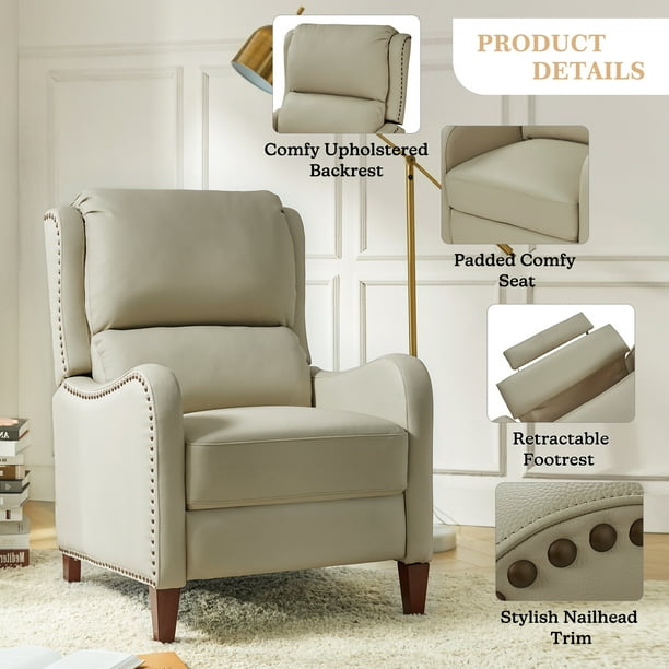 Genuine Leather Recliner Chair Set of 2 Push Back Upholstered Armchair Wingback Lounge Sofa Wood Leg Home Decor Living Room Bedroom Beige