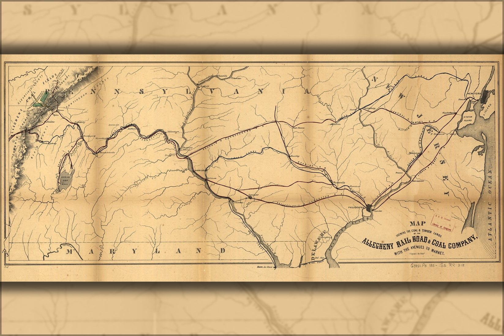 24"x36" Gallery Poster, Map of coal & timber of Allegheny RailRoad 1850 ...