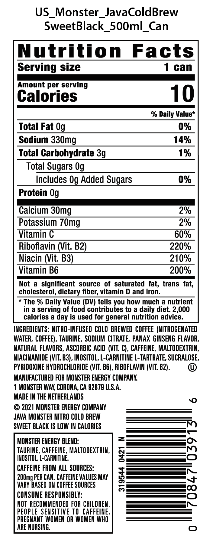 Buy Java Monster Nitro Cold Brew Sweet Black, Coffee + Energy Drink, 13 ...