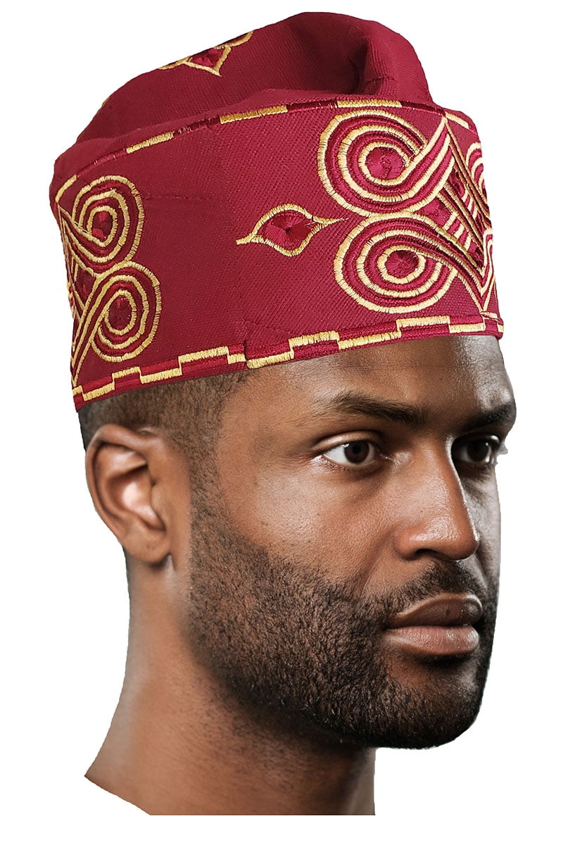 Burgundy Embroidered African Hand woven Aso Oke Hat - Walmart.com