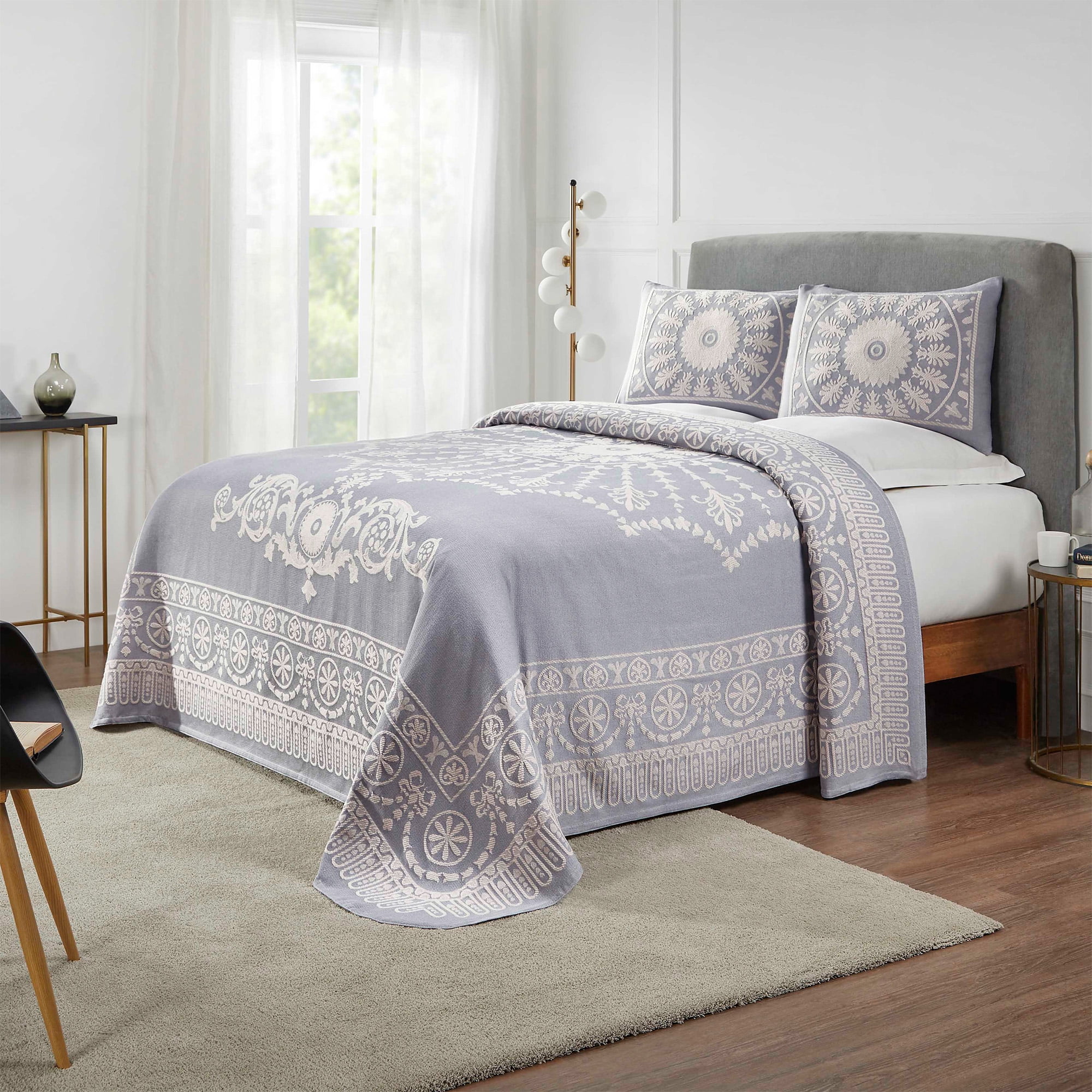BNM Cotton Blend Classic Medallion Bedspread Set, Queen, Slate Blue ...