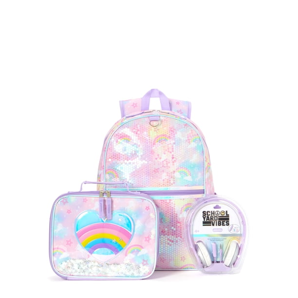 Schoolyard Vibes Heart Rainbows Girls 16" 3 Piece Headphone with Lunch ...