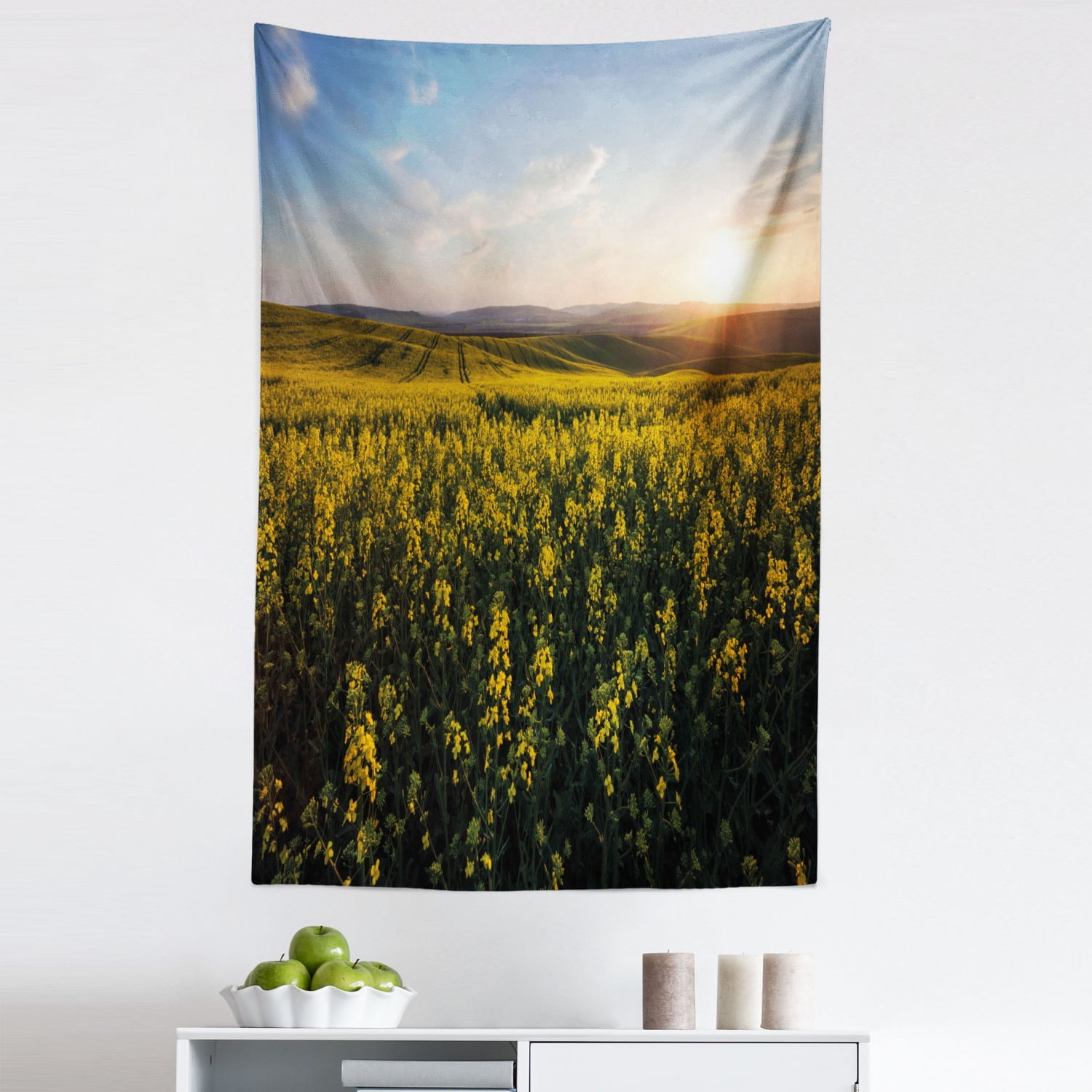 Landscape Tapestry, Scenic View Sunset Flower Field Spring Countryside ...