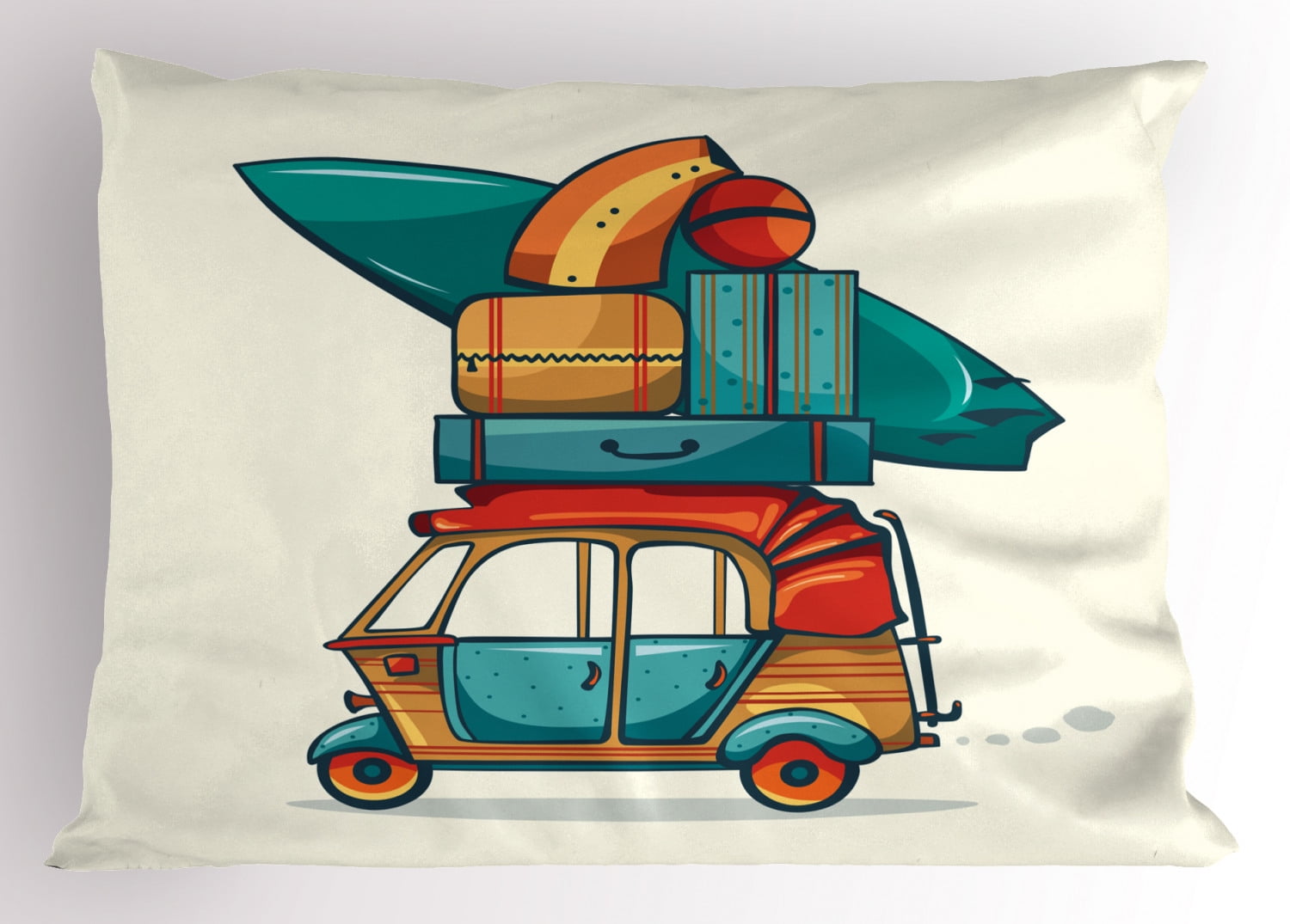 Vintage Car Pillow Sham Cartoon Style Automobile Rickshaw with Summer ...