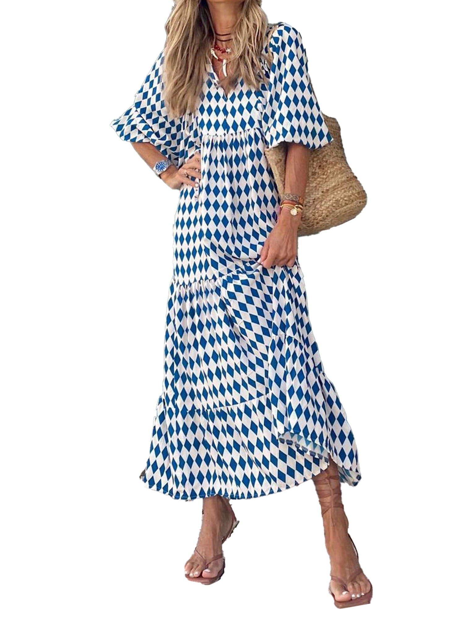 Thaisu Women Boho Floral Puff Sleeve Tiered Maxi Dress Casual Layered ...