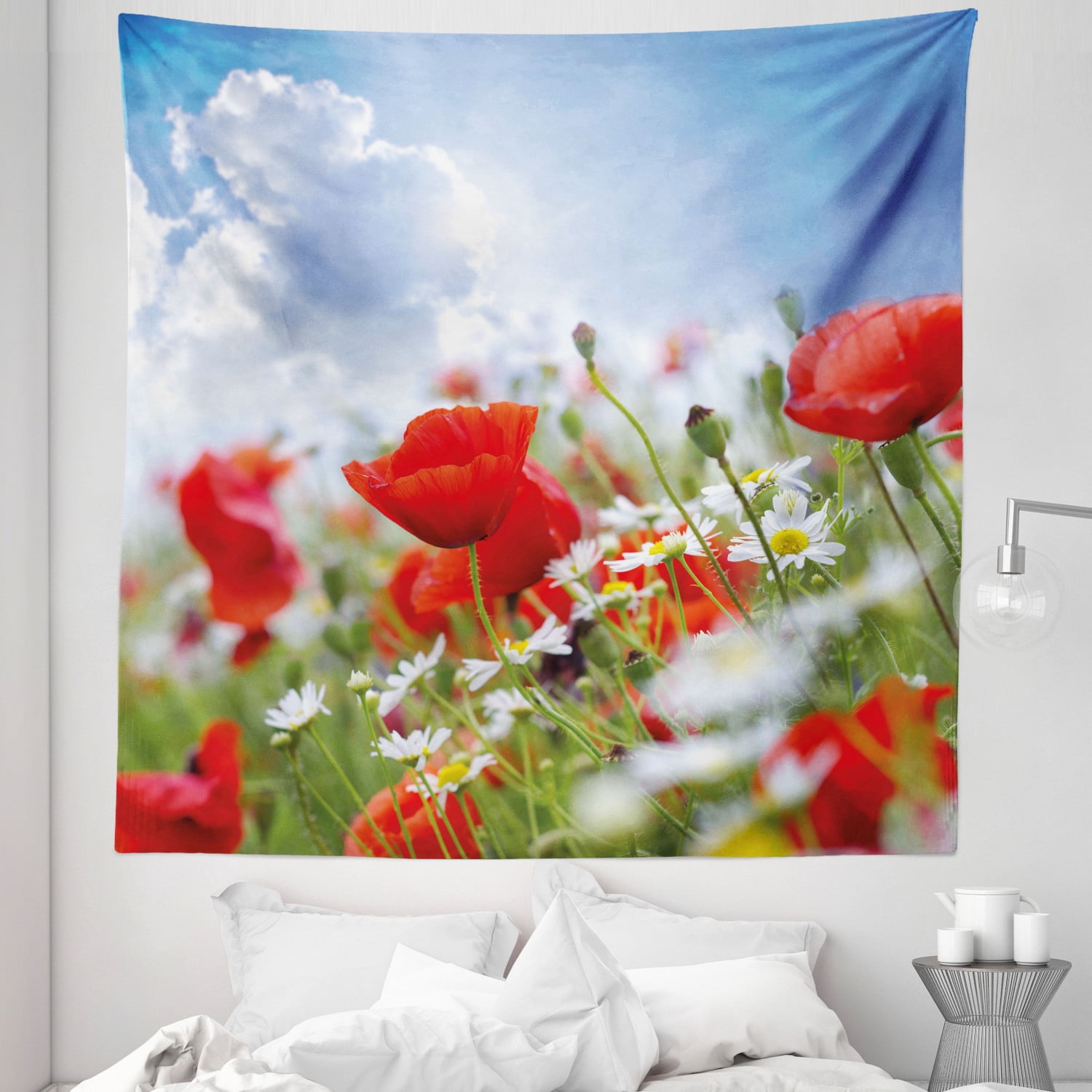 Country Tapestry, Idyllic Spring Meadow Poppy and Daisy Flowers Sunny ...