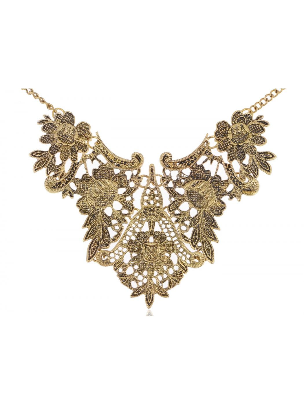 Antique Golden Tone Filigree Floral Chunky Fashion Collar Necklace ...