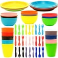 Youngever 54 pcs Child Dinnerware Set, Dishwasher Safe Plastic Kids Dishes, Utensils in 9 Colors ...