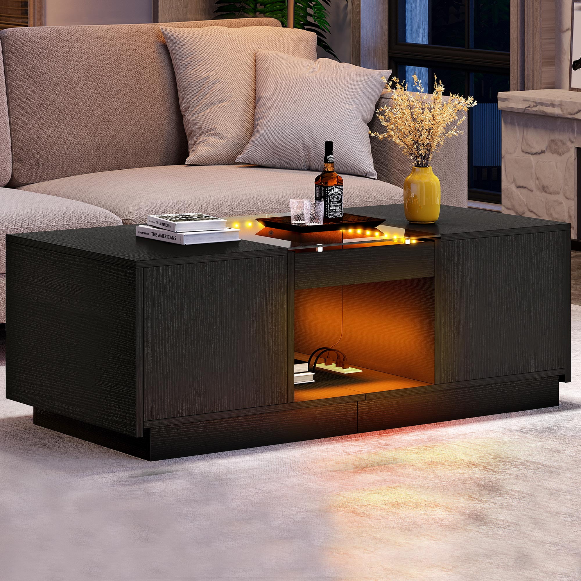 DWVO Modern LED Coffee Table Black Center Tables with Storage for ...