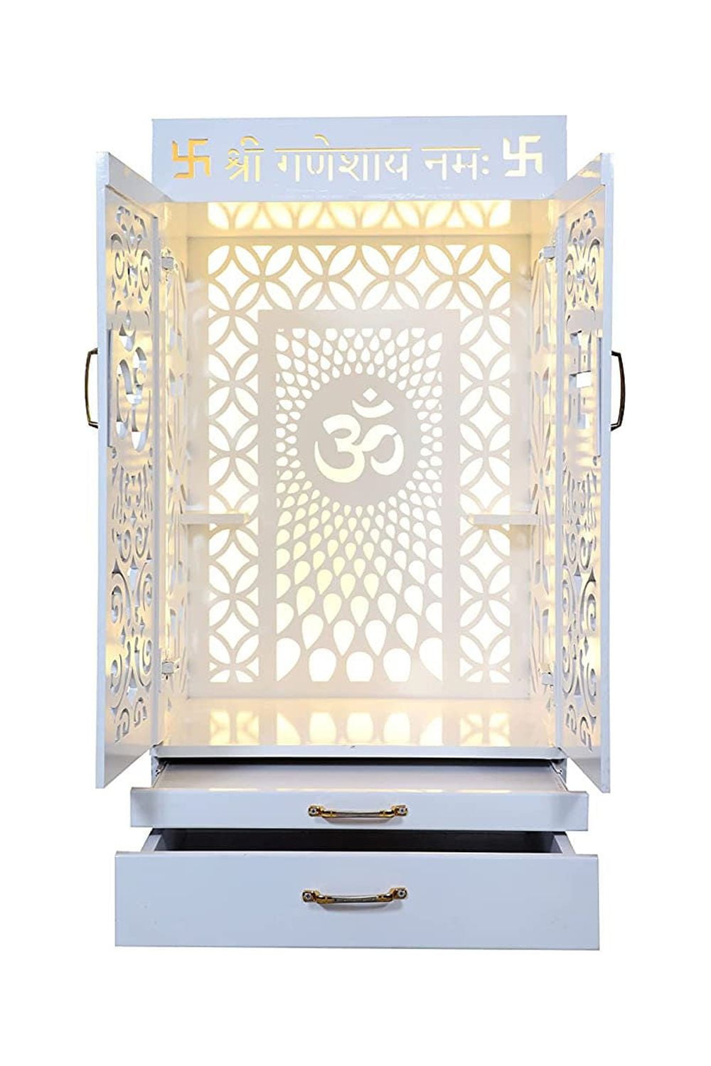 White Wooden Temple For Home With LED Lights / Designer Mandir With ...