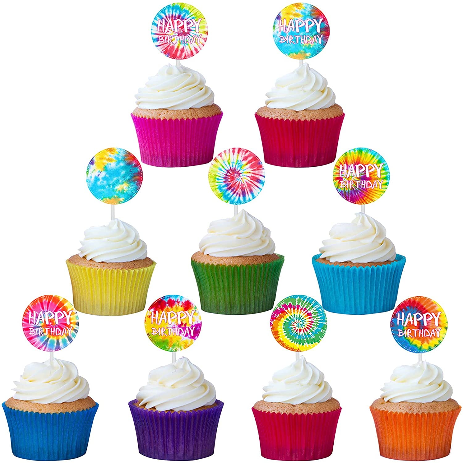 Cossari 72 Pieces Tie Dye Cupcake Toppers Rainbow Cupcake Toppers Happy ...