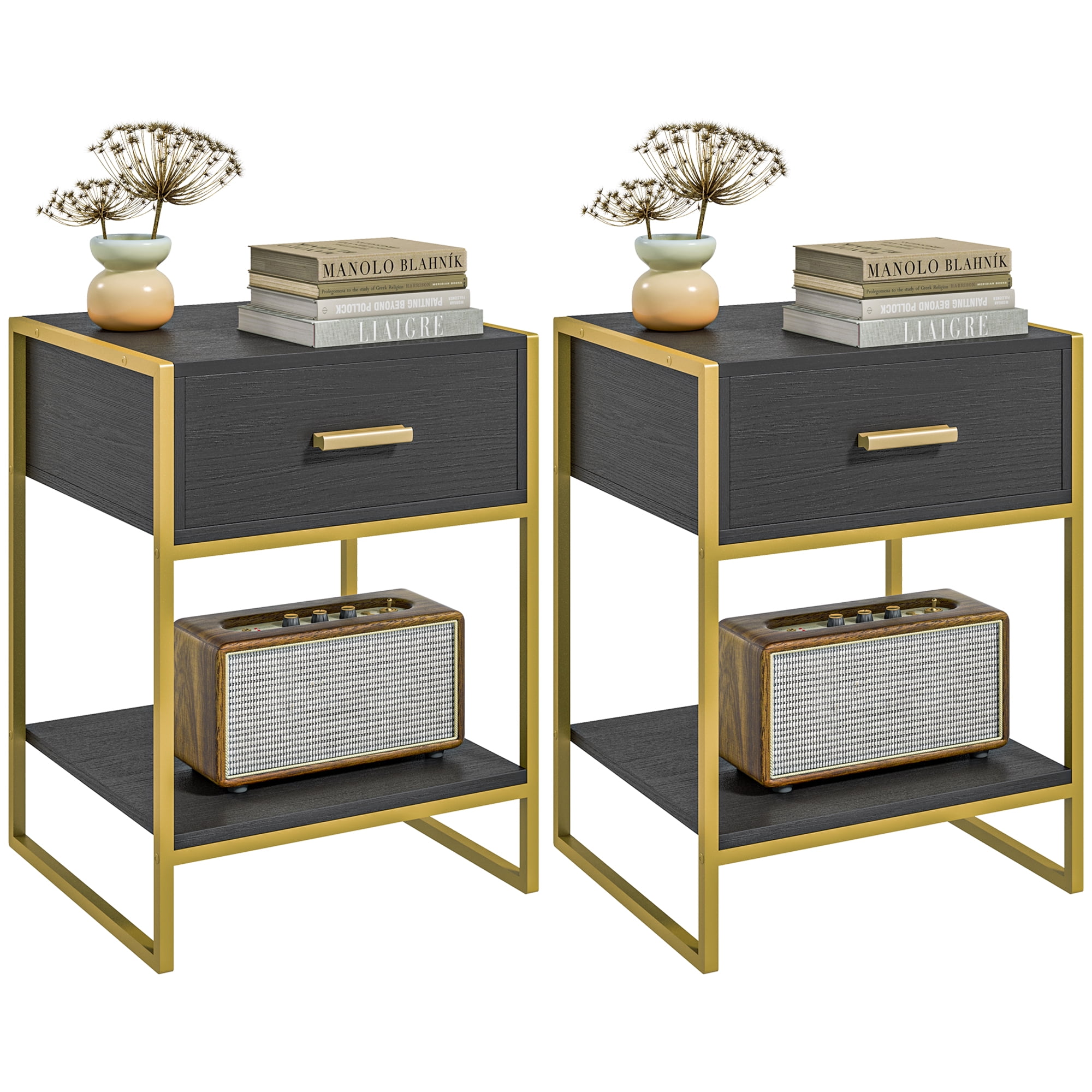 HOMCOM Bedside Table Set of 2, Nightstand with Drawer and Shelf ...