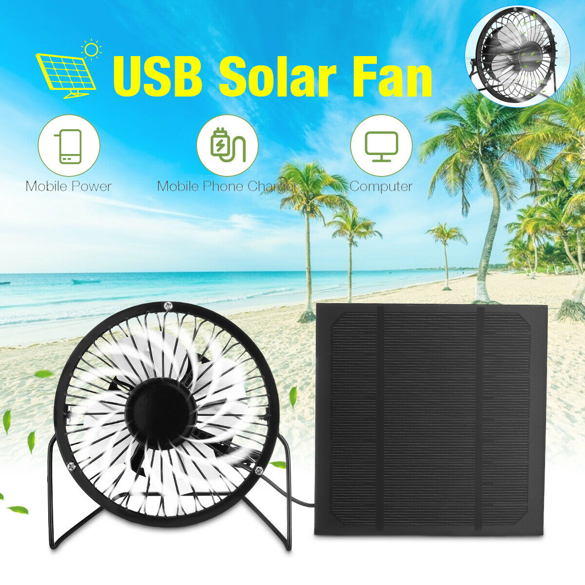 USB Mini Fan Solar Panel Powered Outdoor Camping Cooling Ventilation ...