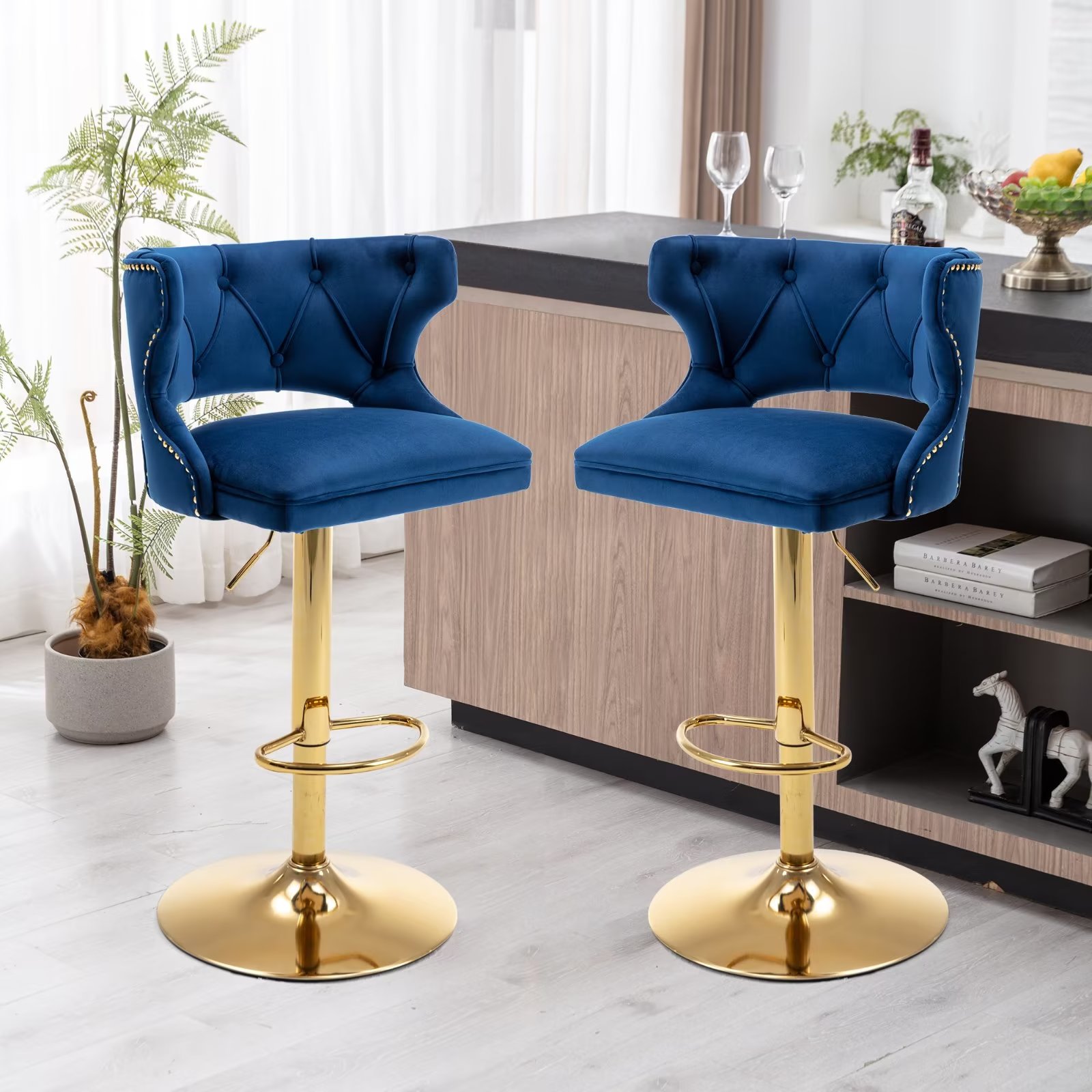 Set of 2 Bar Chairs, Velvet Upholstered Bar Stools with Button Tufted ...