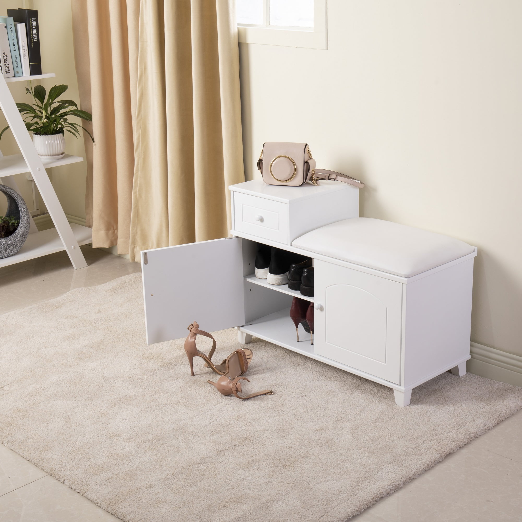 Wooden Shoe Storage Bench Shoe Ottoman Cabinet With Drawer,White ...