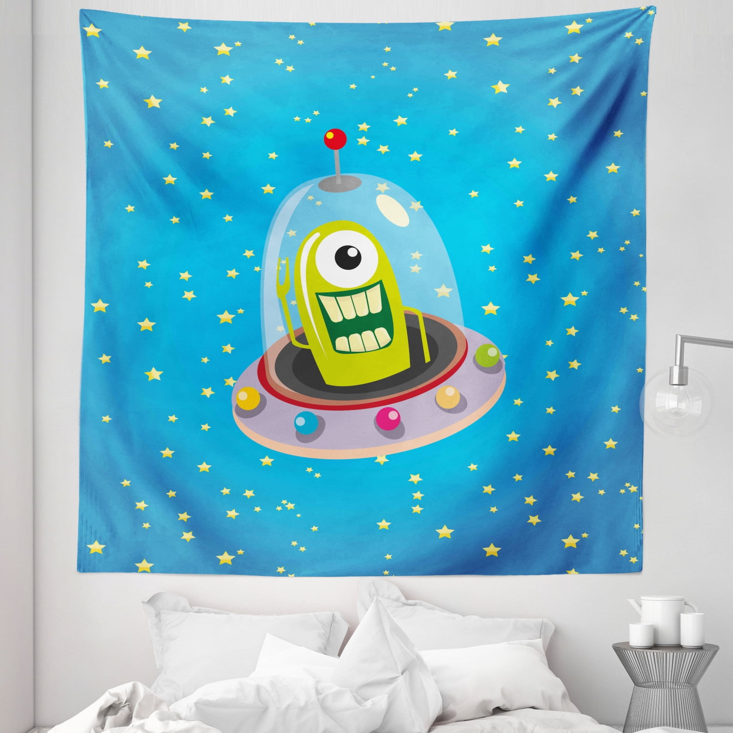 Space Tapestry, Comic Ufo Alien in Outer Space with Stars Galaxy ...
