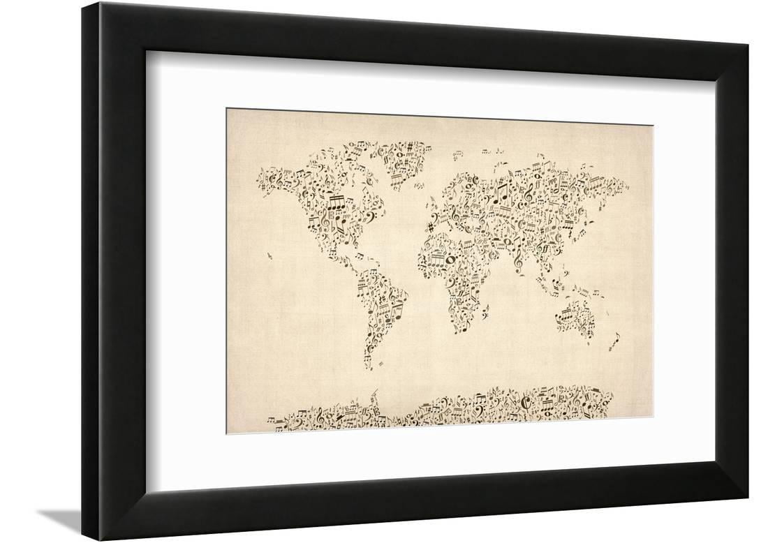 Music Notes Map of the World Map Framed Print Wall Art by Michael ...