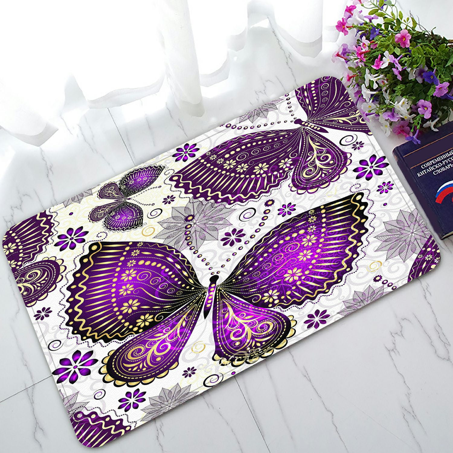 ABPHQTO Spring Violet Gold Butterflies Flowers Doormat Entrance Rug ...