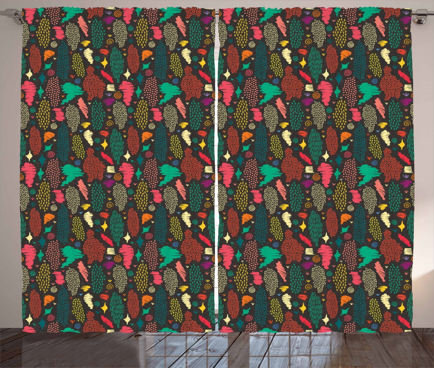 Abstract Curtains 2 Panels Set, Funky Trippy Vibrant Tribal Shapes ...