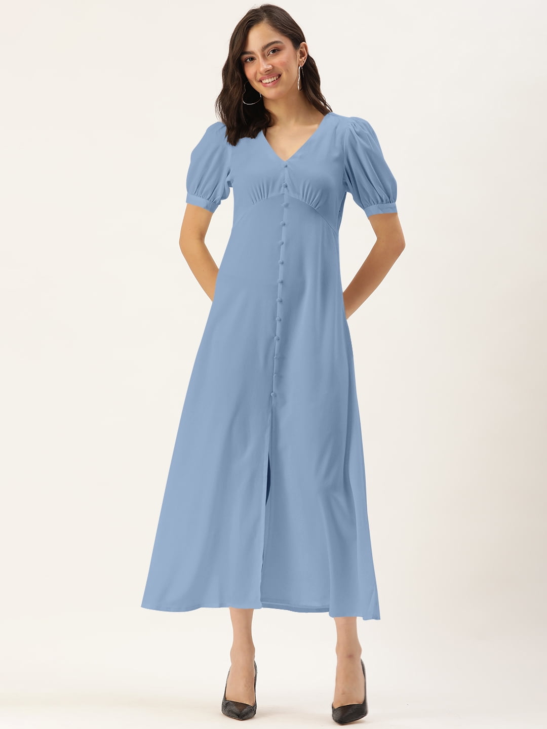 DressBerry Women's Solid Poly Crepe Dress Casual Summer Short Puffed ...