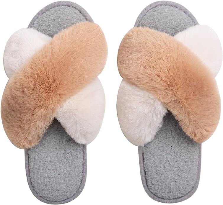 Zizor Women's Open Toe Fluffy Cross Band Slippers Slip on - Walmart.com