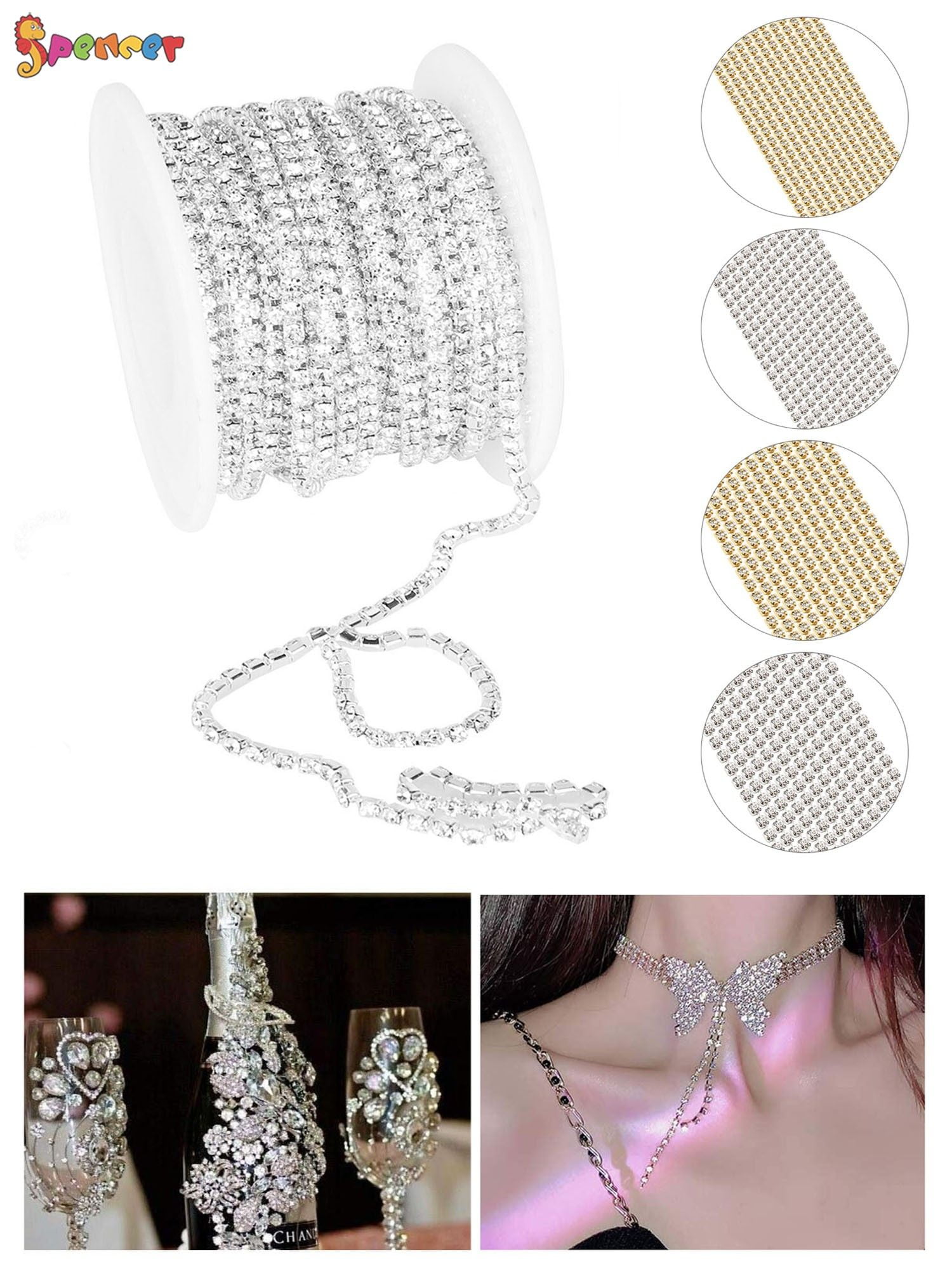 Spencer 11 Yards 2/3MM Crystal Rhinestone Close Chain Trim Claw Chain ...