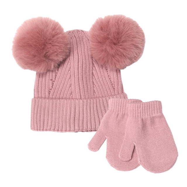 GYRATEDREAM Baby Beanie Hat & Mittens Set Double Pom Pom Toddler ...