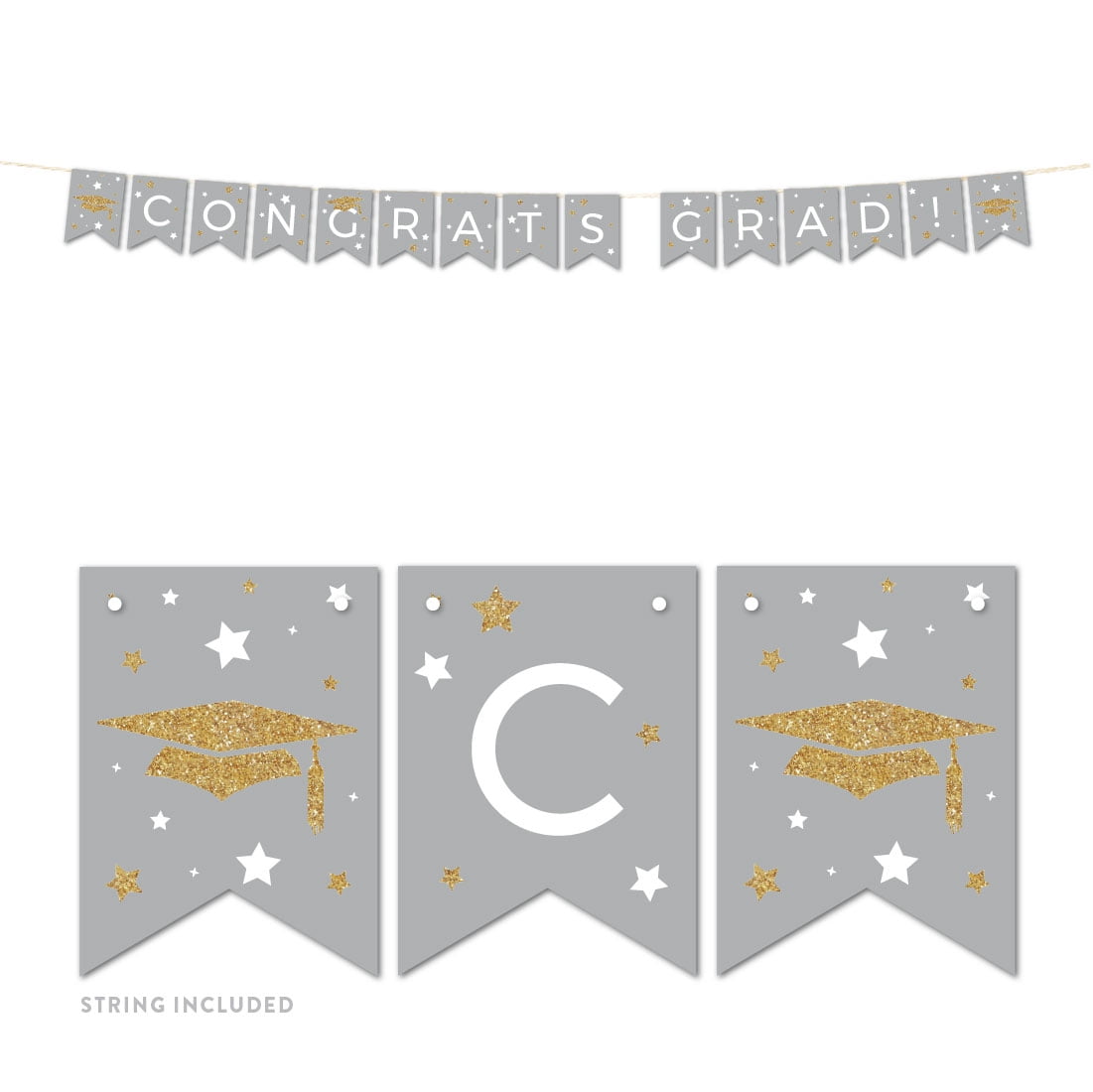 Gray and Gold Glittering Graduation, Hanging Pennant Party Banner with ...