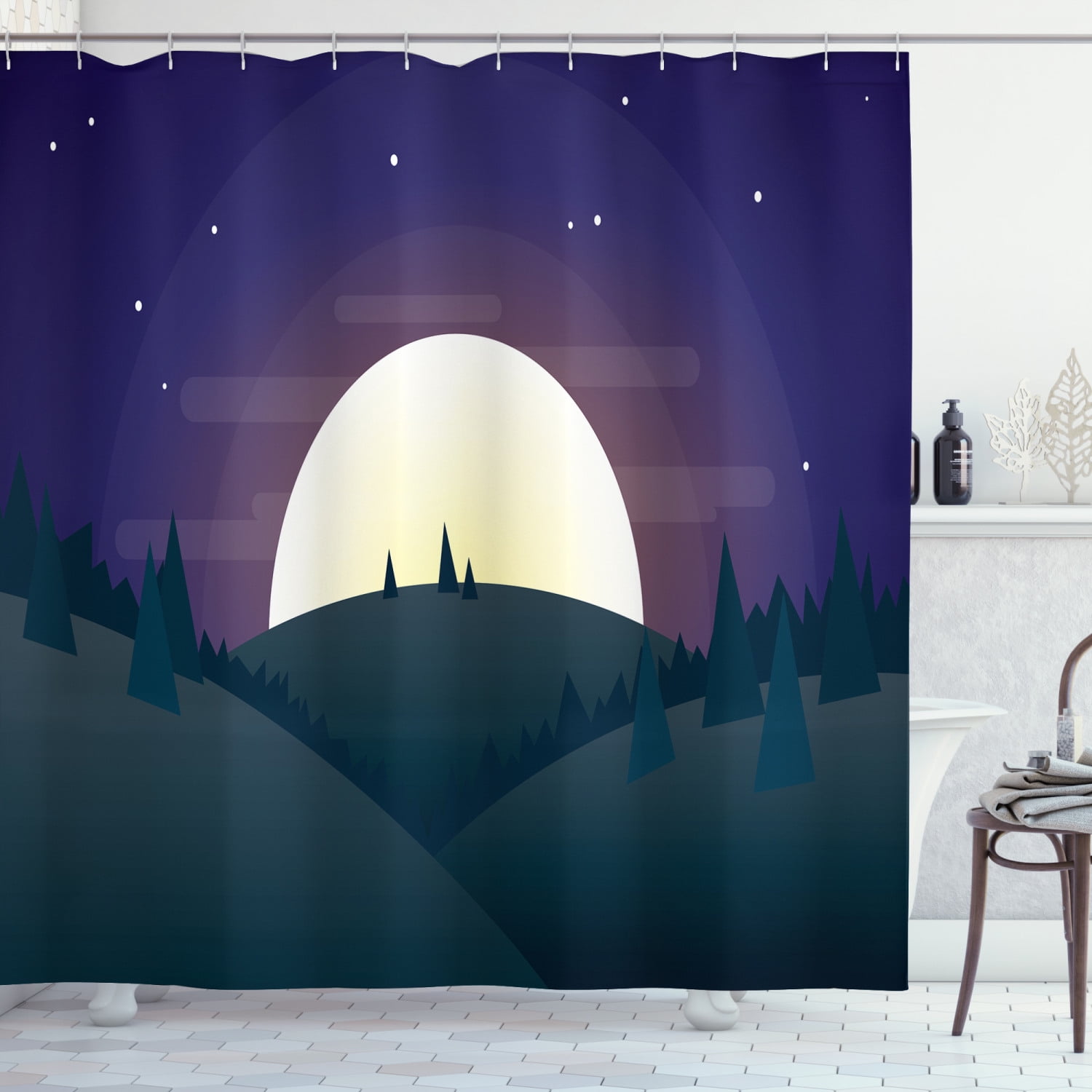 Half Moon Shower Curtain, Night Forest Hills Mountains Starry Sky ...