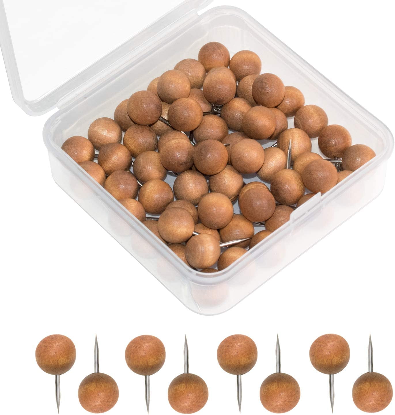 60 PcsWooden Push Pins, Walnut, Wood Round Head with Steel Needle Point ...