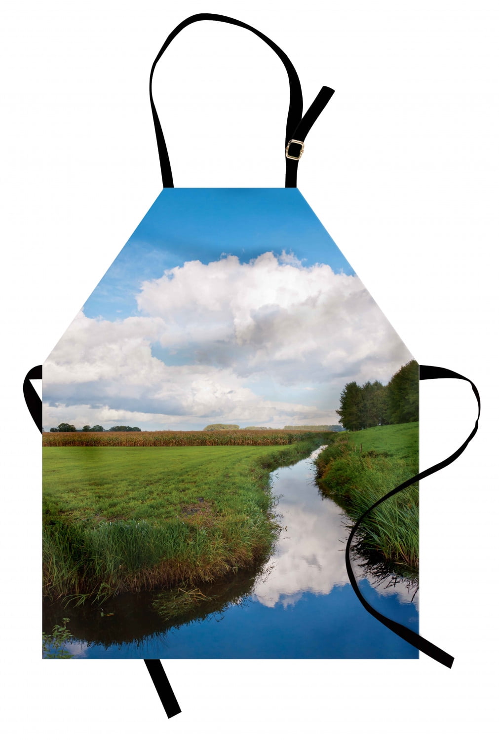Landscape Apron Reflective Calm River Scenery Meadow Grass Clouds ...