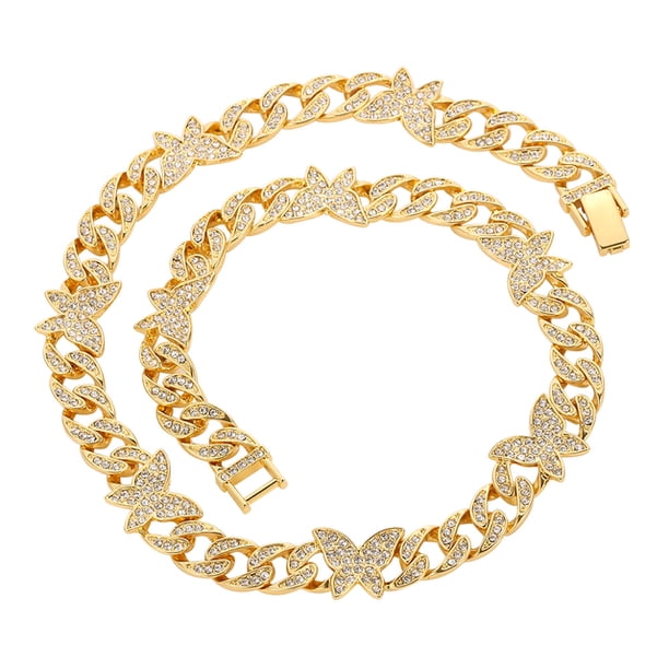 Hip Hop Iced Out Cuban Link Chain Butterfly Necklace for Women Gold ...