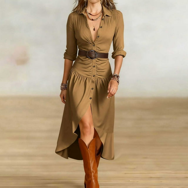 Fznquz Robe Western pour Femmes Cowgirl Boutonnée Jaune Robes Fluides ...