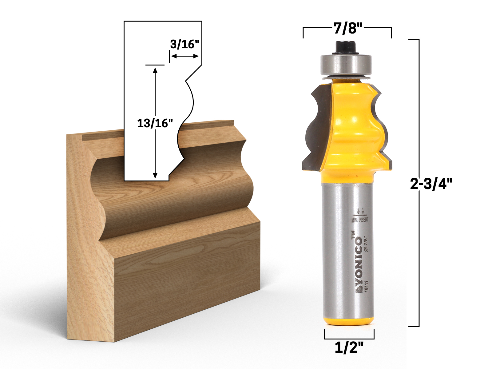 Small Standard Crown Cap Molding Router Bit - 1/2" Shank - Yonico 16111 ...