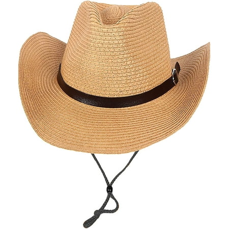 SHTUUYINGG Men & Women's Straw Cowboy Cowgirl Sun-Hat Wide-Brim Western Style Beach Panama Sun ...