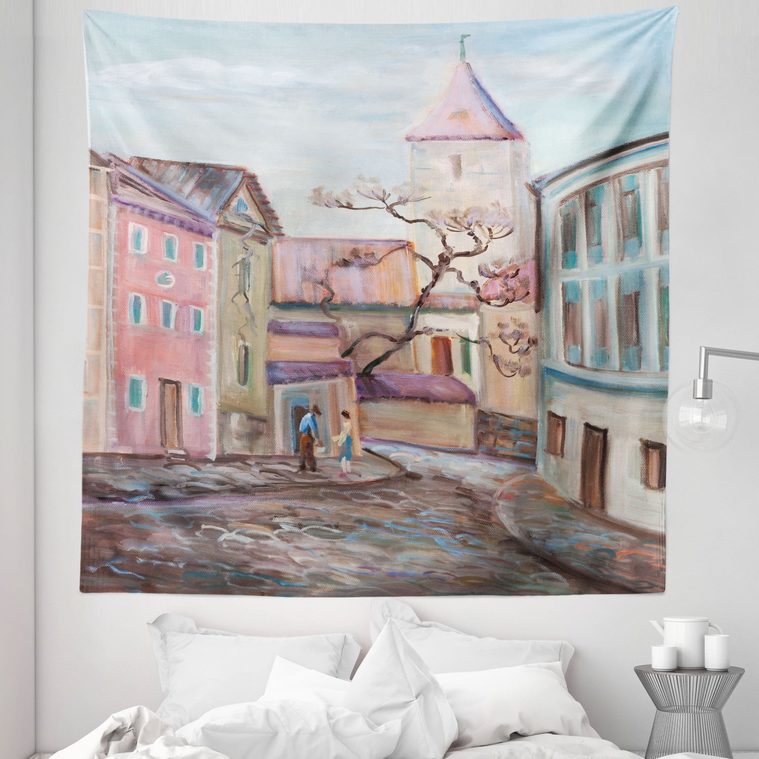 Rustic Tapestry, Watercolored Effect Street with Paved Stones Rocks ...
