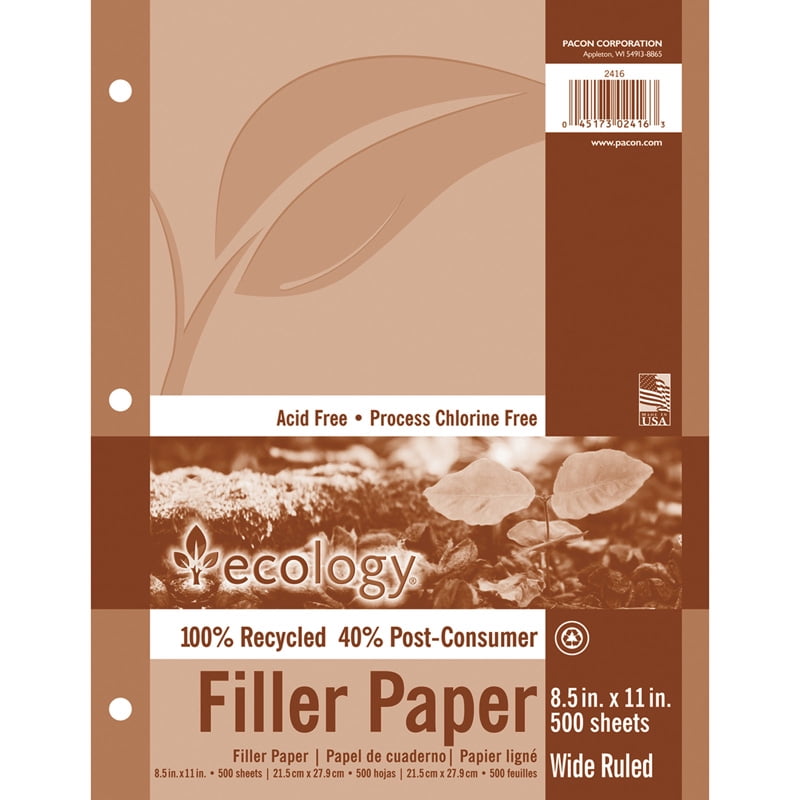 Recycled Filler Paper, White, 3-Hole Punched, 3/8" Ruled w/ Margin 8-1/ ...