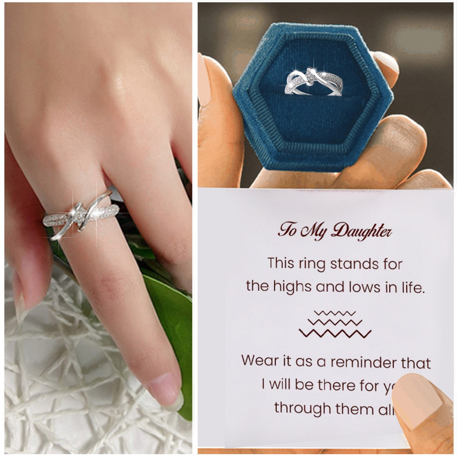 hanxiulin to my daughter ring silver geometric shape rhinestone ring adjustable silver lines ...