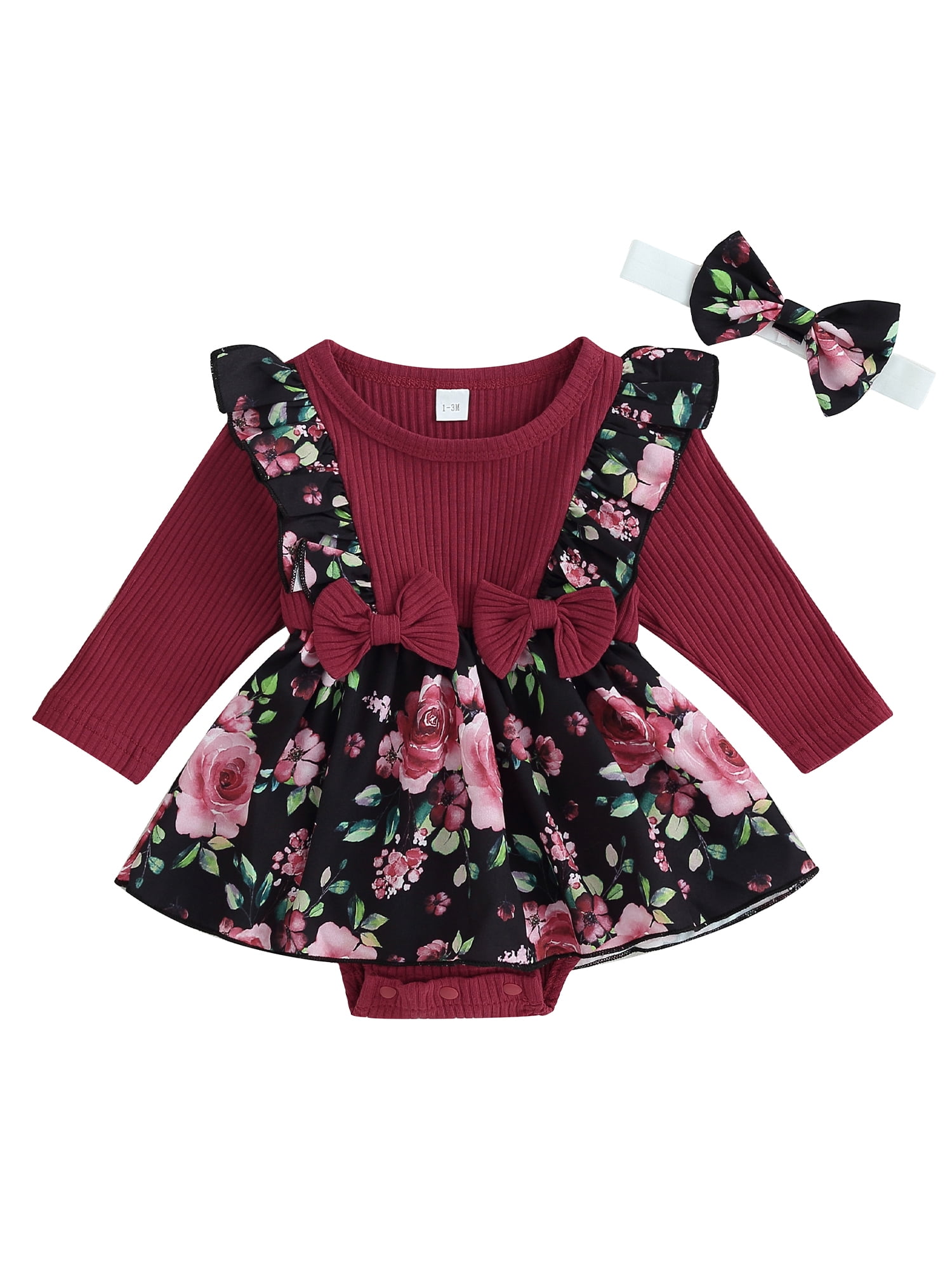 Biekopu Infant Girl Rompers Dress,Long Sleeve Rib Knit Floral Print Skirt Hem Jumpsuits with ...