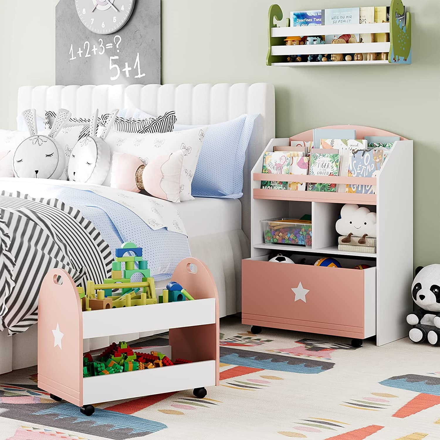 Homfa Kids Bookshelf with Drawers, Toy Storage Organizer with Rolling ...