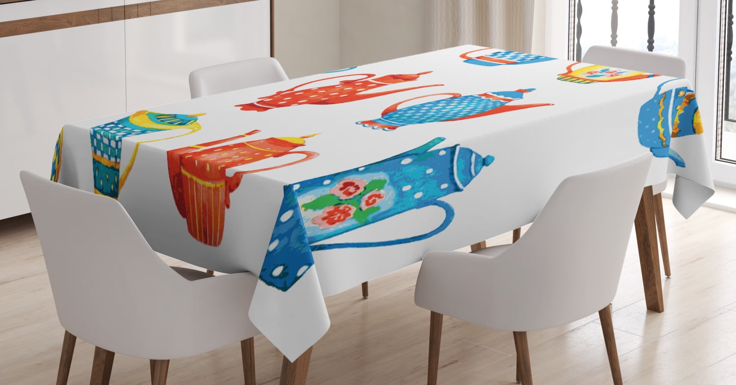 Tea Party Tablecloth, Colorful Teapots Various Shapes Sizes Breakfast ...