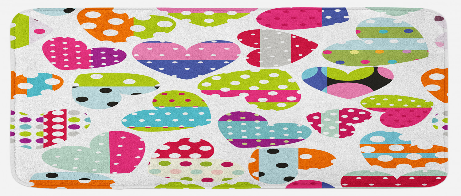 Colorful Kitchen Mat, Heart Shapes with Patches and Polka Dots Cheerful ...