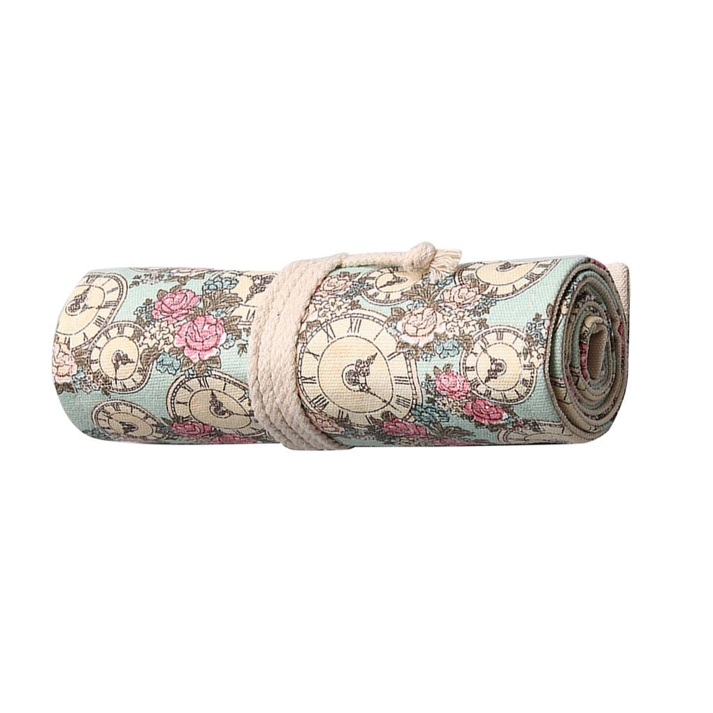 Linyer Rose Flower Roll Up Canvas Paint Brush Case Pencil Bag Clock ...